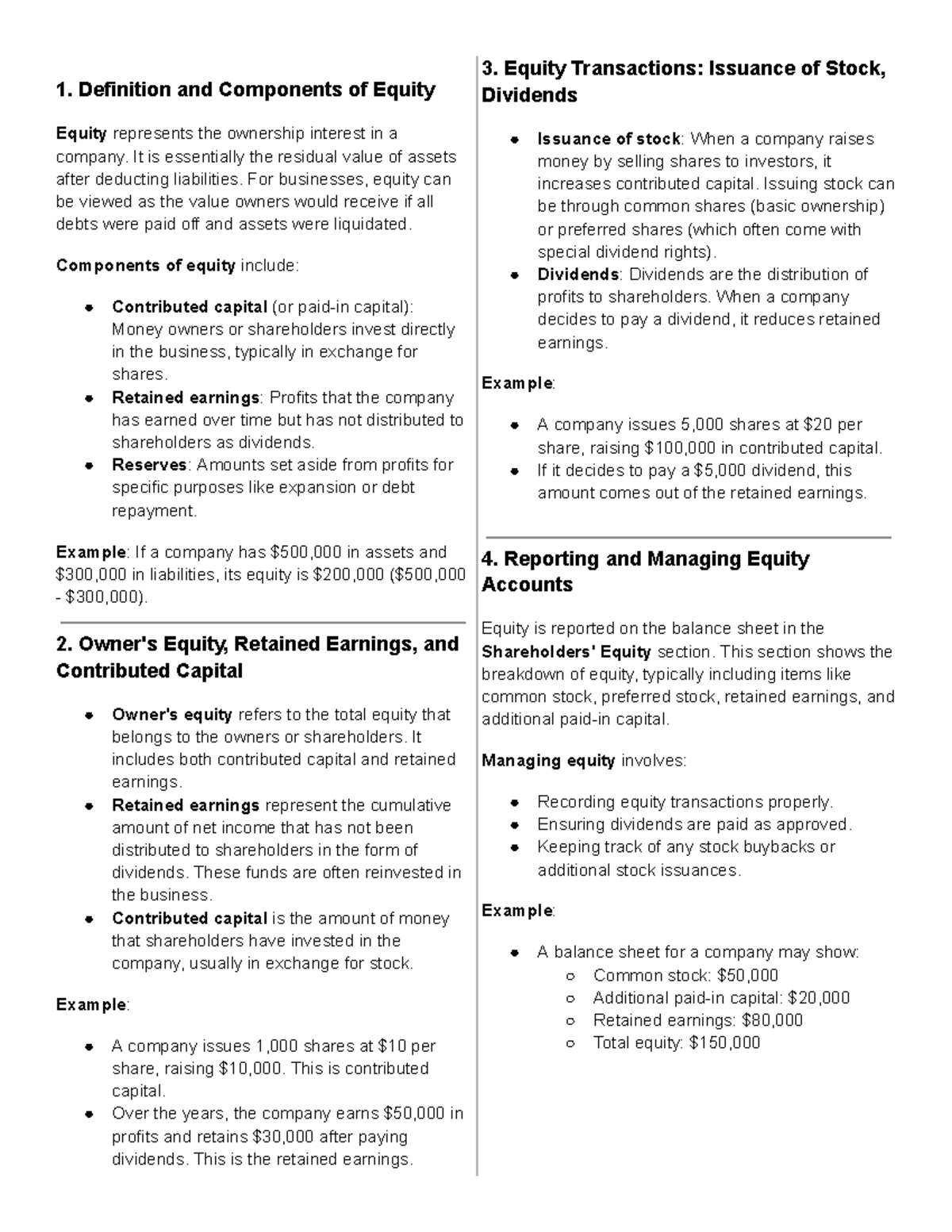 Equity - 1. Definition and Components of Equity Equity represents the ...