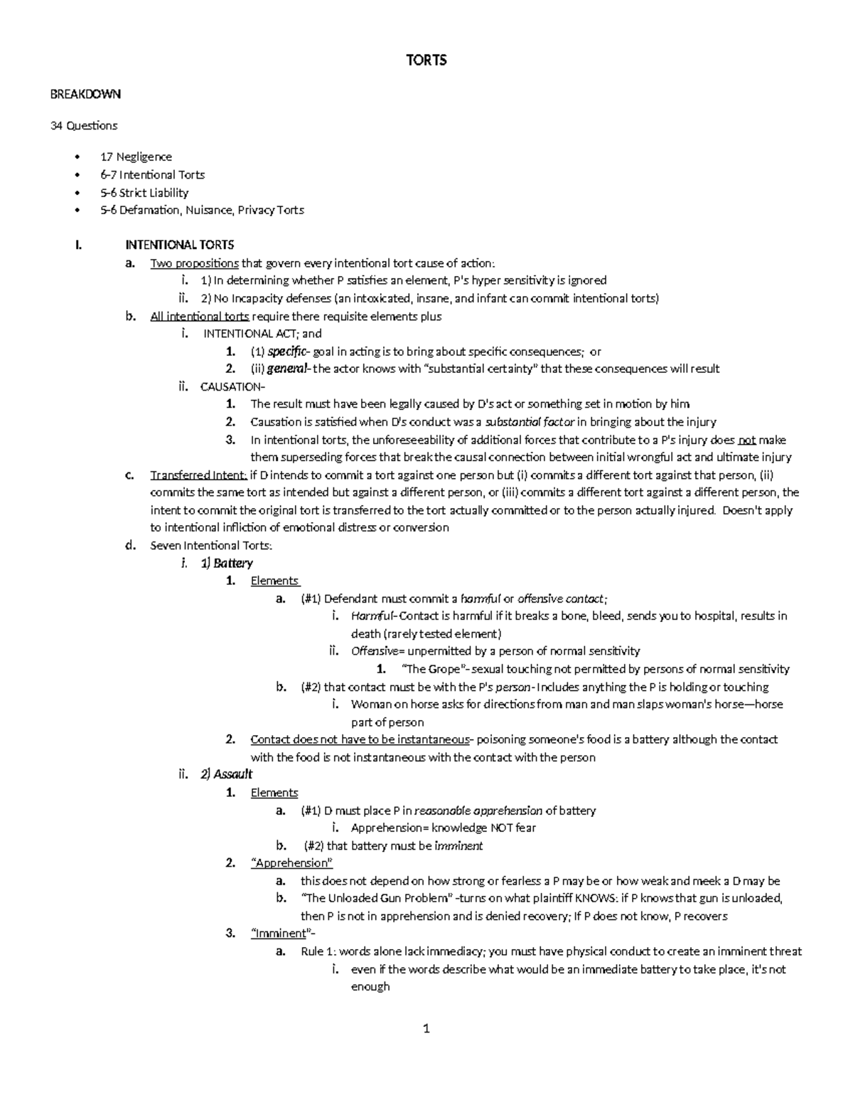 Torts - TORTS BREAKDOWN 34 Questions 17 Negligence 6-7 Intentional ...
