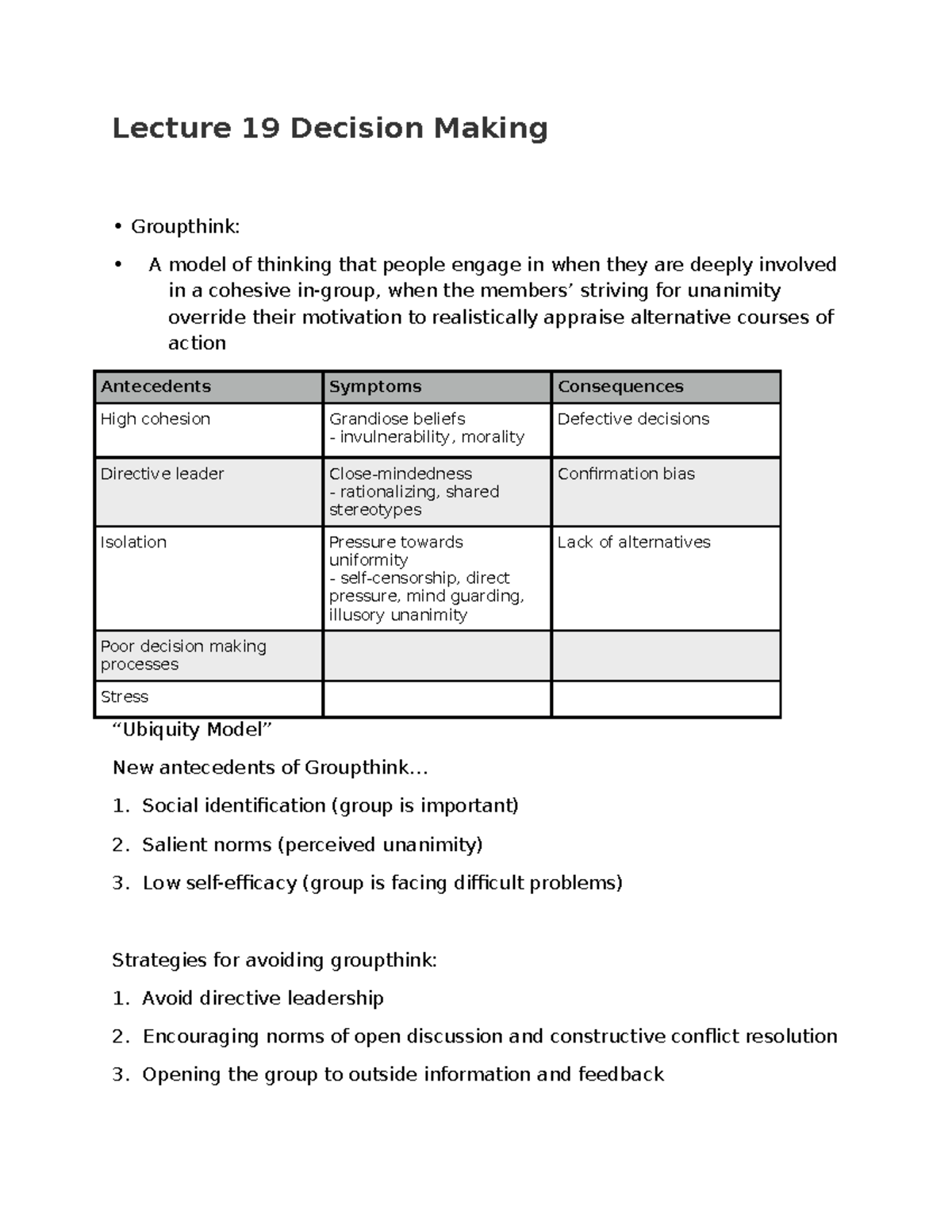 Lecture 19 Decision Making - Lecture 19 Decision Making Groupthink: A ...