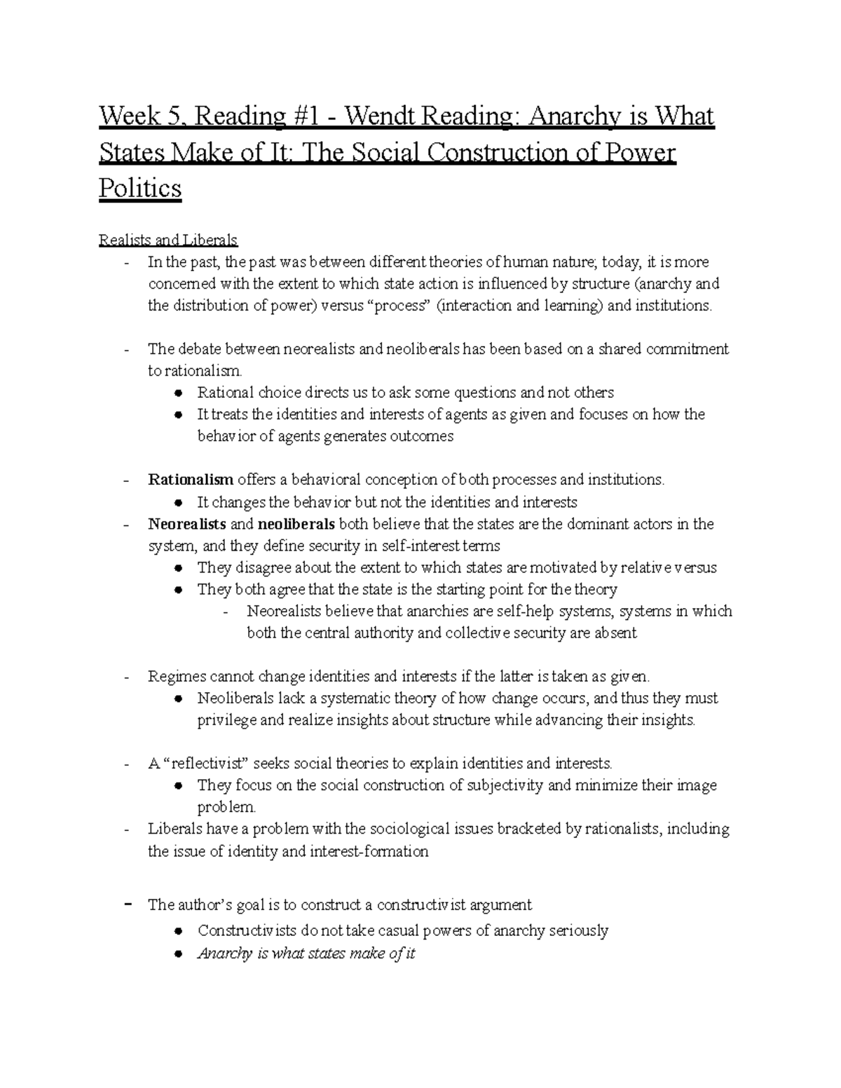 Poli Sci 7 Week 5 Reading Notes 1 - Week 5, Reading #1 - Wendt Reading ...