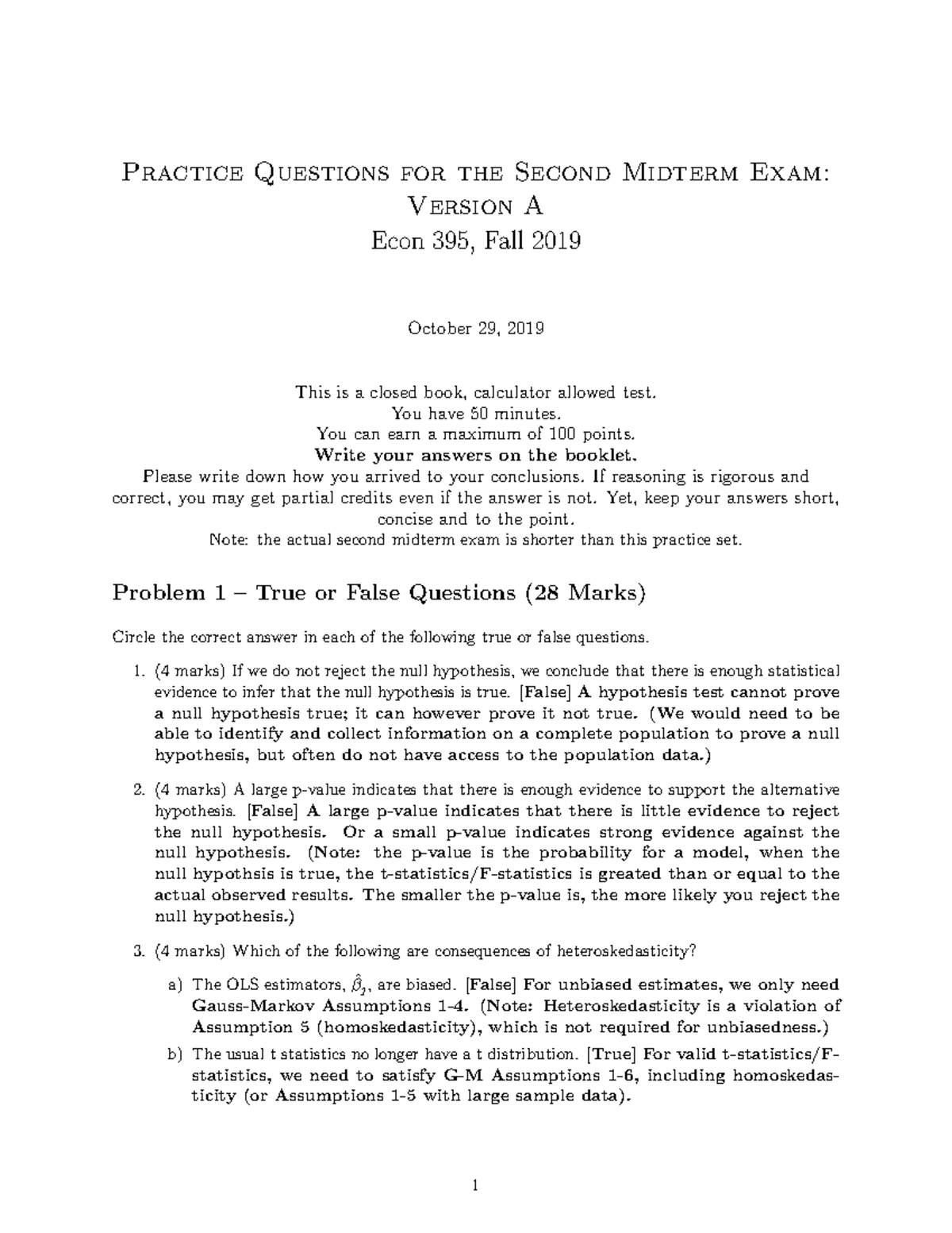 AK Practice midterm 2 econ395 F2019 version A - Practice Questions for the Second Midterm Exam ...