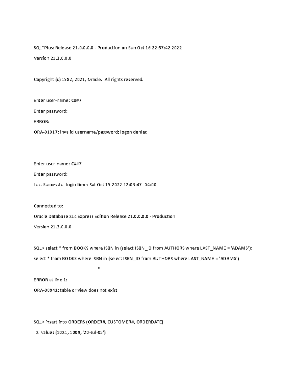 Chapter 9 TEXT Version - SQL*Plus: Release 21.0.0.0 - Production on Sun ...
