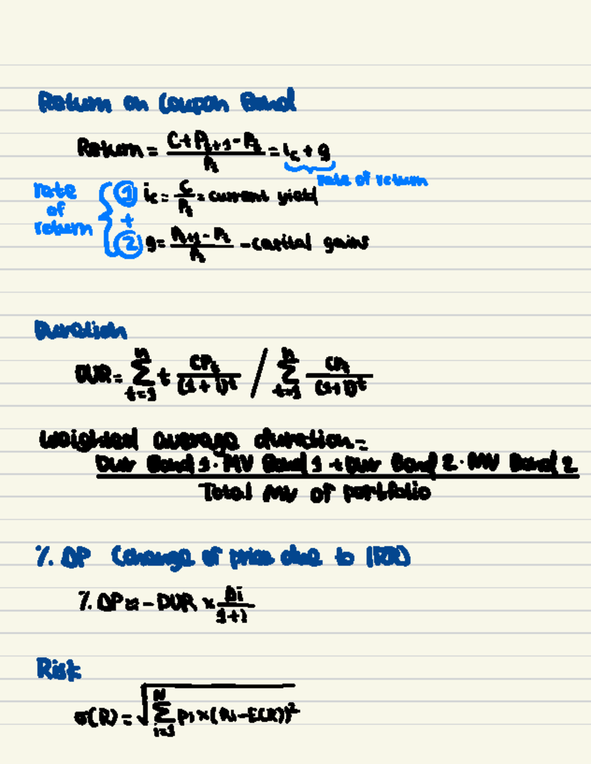 Formulas - Return on Louren Bond Return = C+ ( + 1 - bt = ic + 9 It um ...
