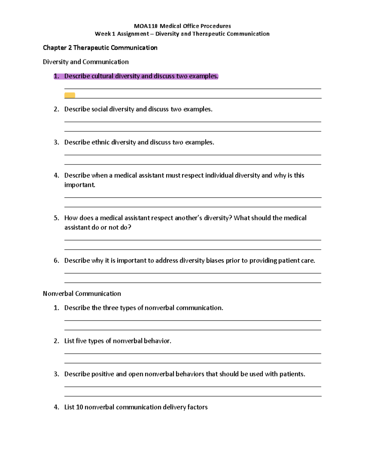Week 1 Assignment Worksheet - Week 1 Assignment – Diversity and Therapeutic Communication ...