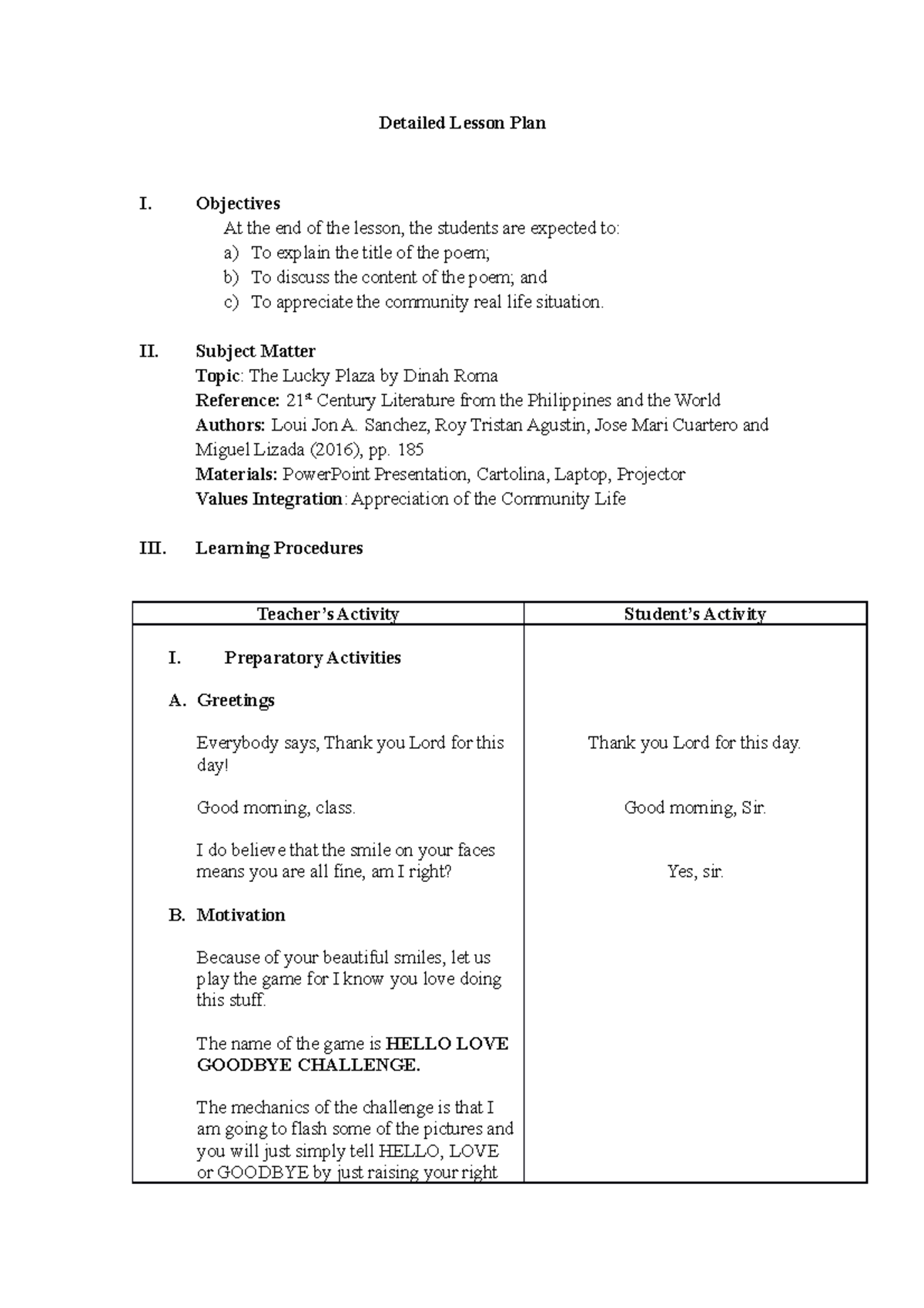 Detailed-Lesson-Plan - Detailed Lesson Plan I. Objectives At the end of ...