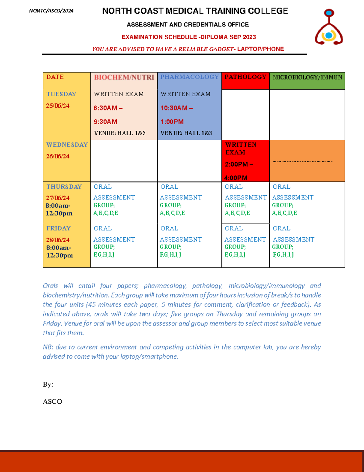 Asssessment Schedule -ASCO - NORTH COAST MEDICAL TRAINING COLLEGE ...