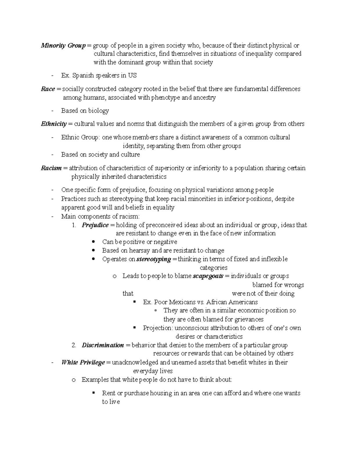 Chapter 11 notes - Minority Group = group of people in a given society ...