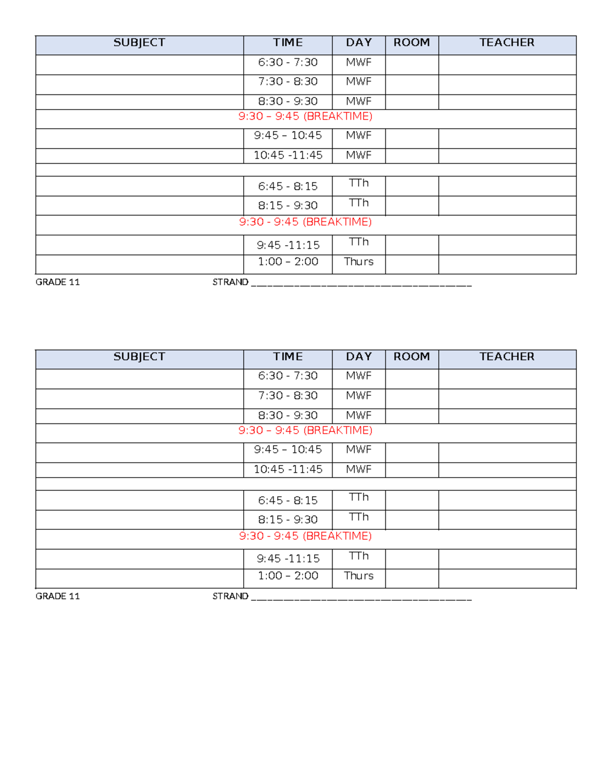 Subject - reference and notes - SUBJECT TIME DAY ROOM TEACHER 6:30 - 7: ...