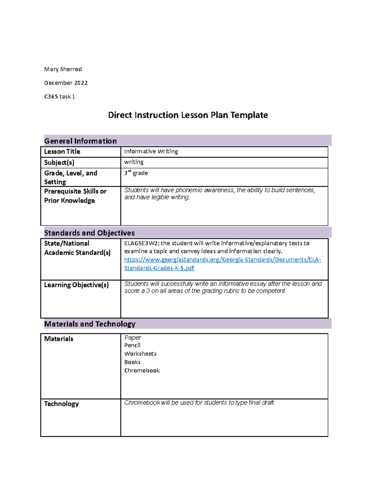 C365 task 1 - c365 task 1 - Mary Sherrod December 2022 C365 task 1 Direct Instruction Lesson ...