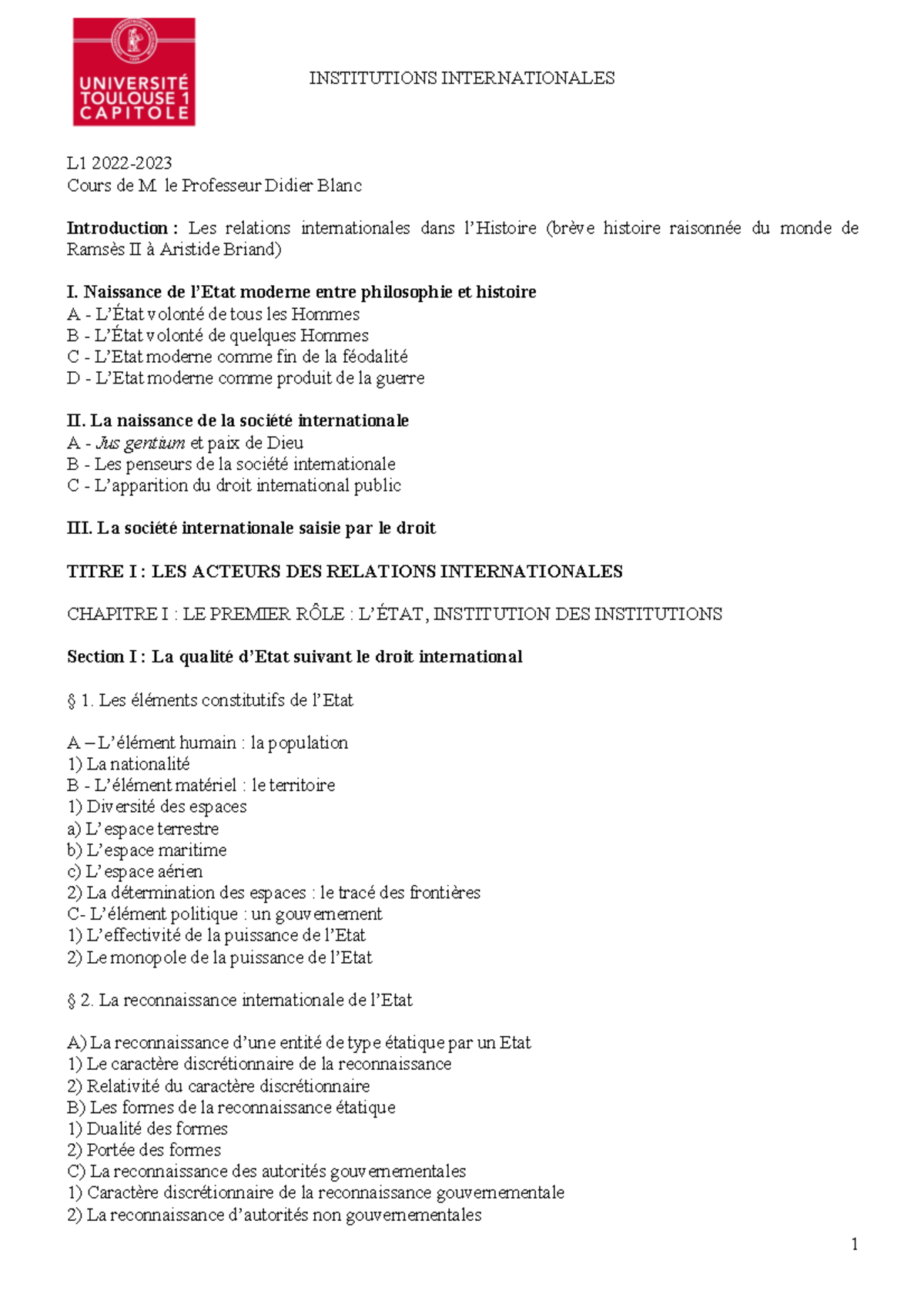 Plan L1 - Plan - INSTITUTIONS INTERNATIONALES L1 2022- Cours de M. le ...