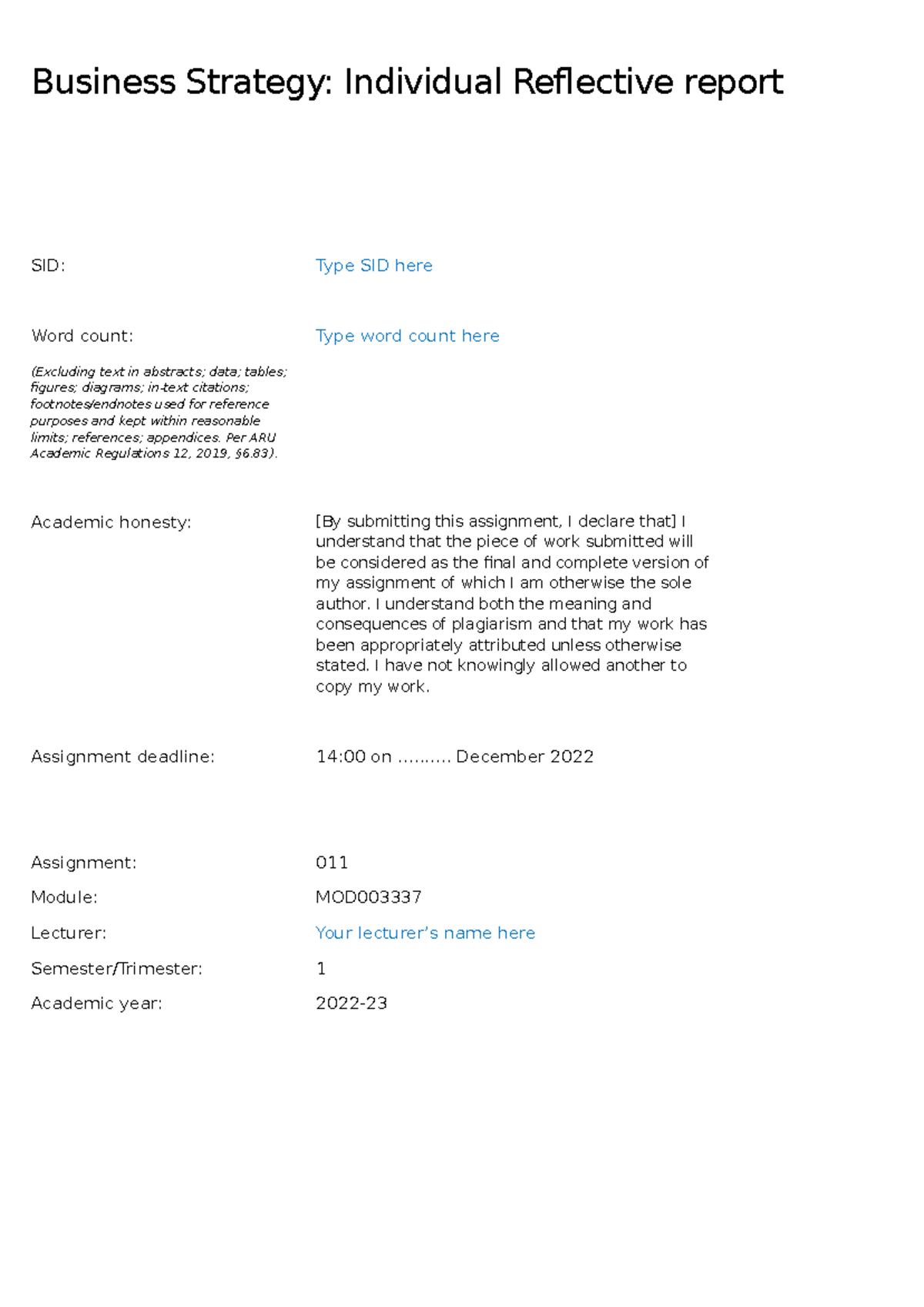 Individual Reflective Report Structure - Business Strategy: Individual ...