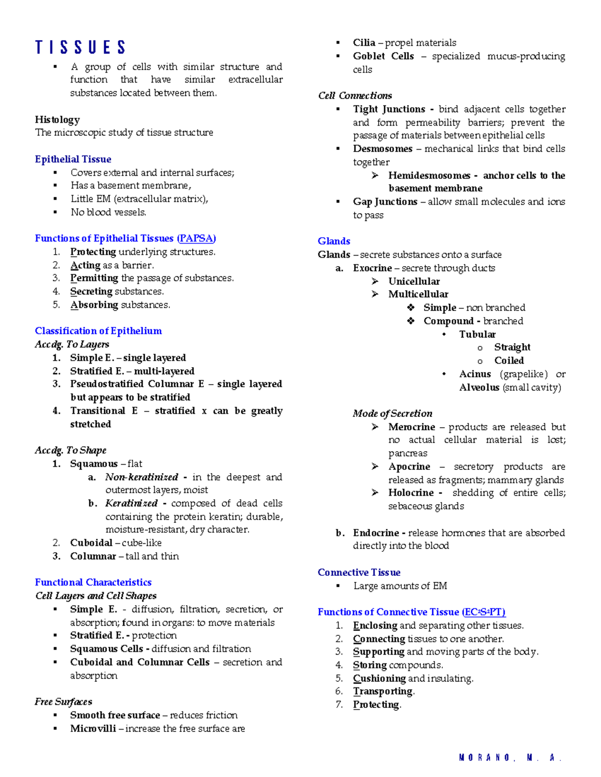 4-Tissues - notes for tissue - M o r a n o , M. A. T I S S U E S § A ...