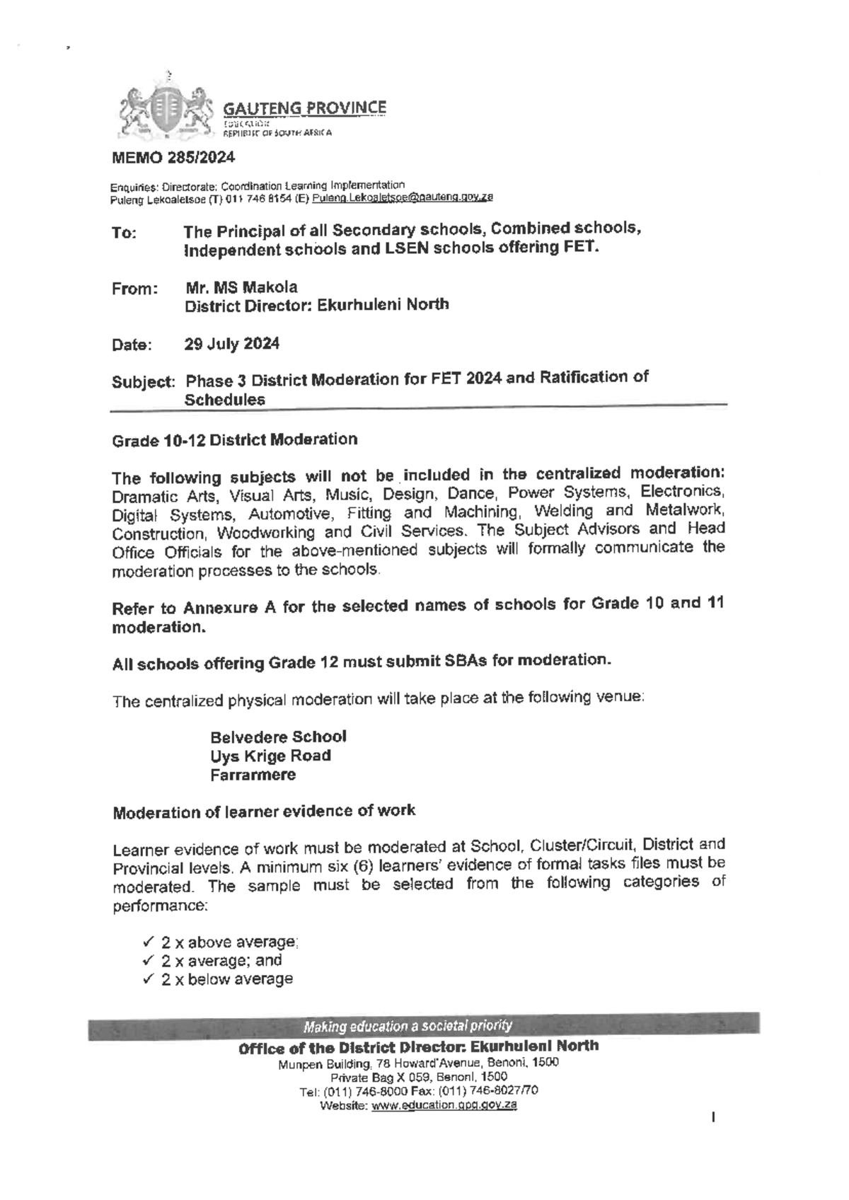 Memo 285 of 2024 Phase 3 District Moderation and schedules - GAUTENG ...