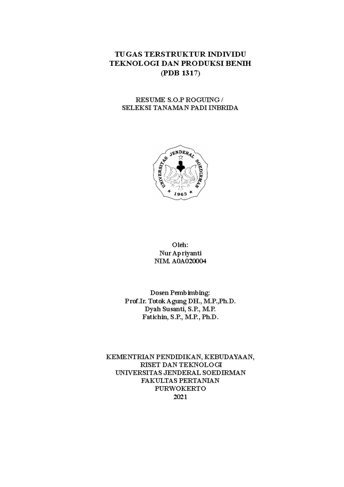 SOP Roguing seleksi tanaman padi inbrida - TUGAS TERSTRUKTUR INDIVIDU ...