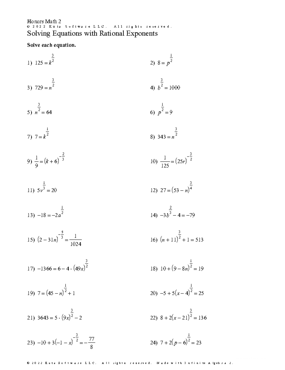 Extra Practice - Solving Equations with Rational Exponents - ©i ] 2 a 0 ...