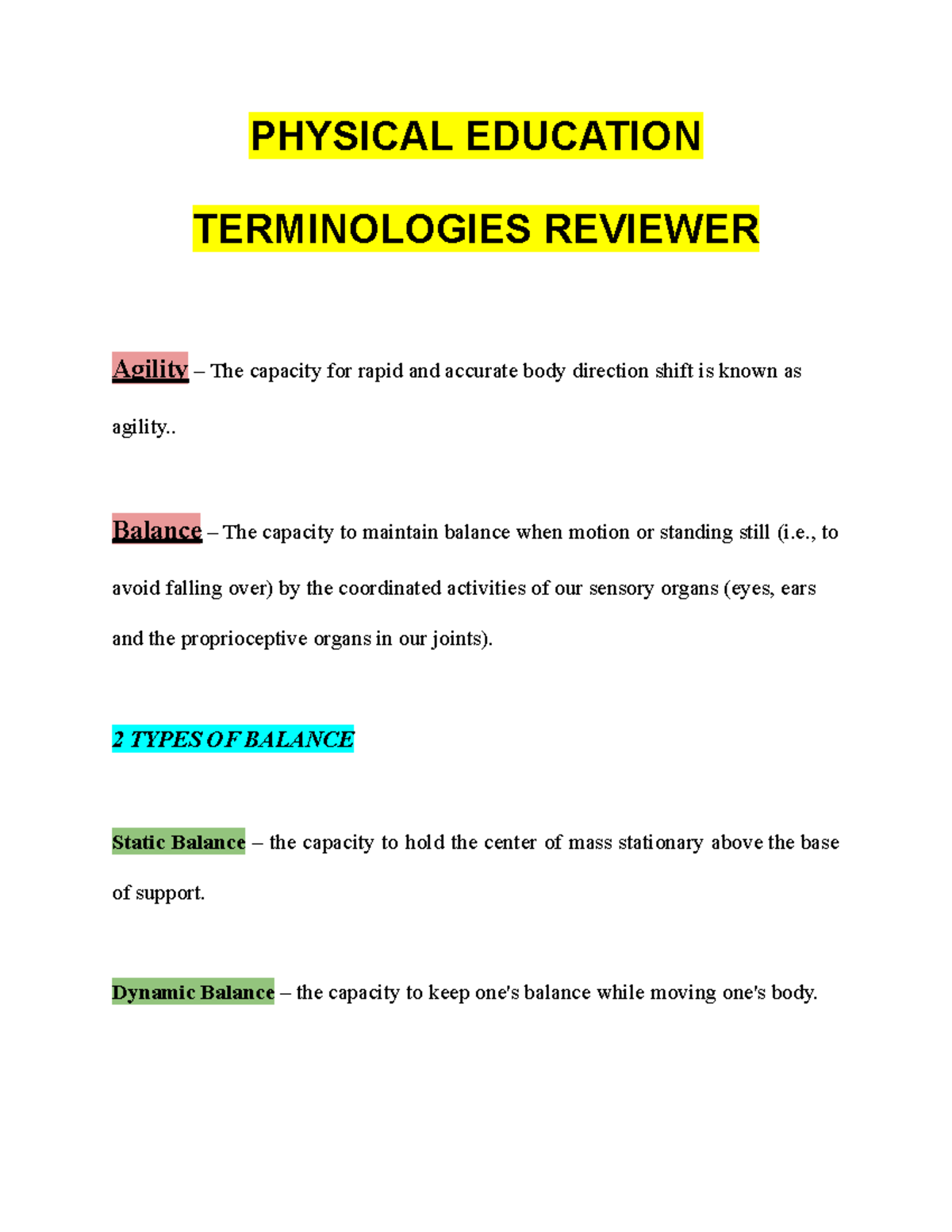 Physical Education Terminologies Reviewer - PHYSICAL EDUCATION ...