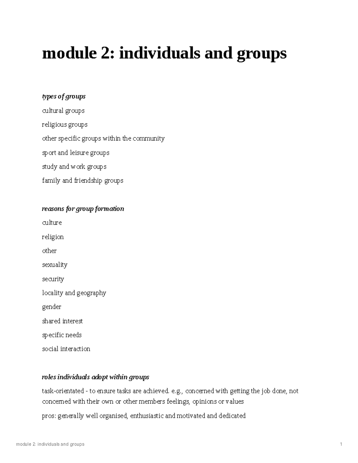 Individuals and groups notes - module 2 individuals and groups 1 module ...