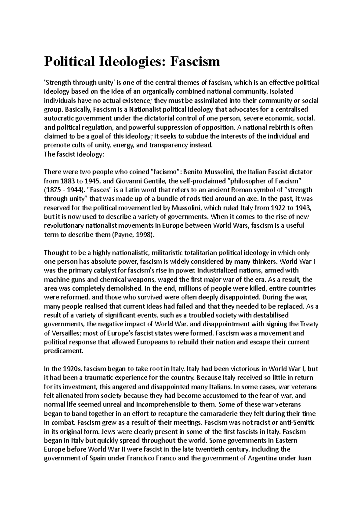 Political Ideologies- Fascism - Political Science - AMU - Studocu