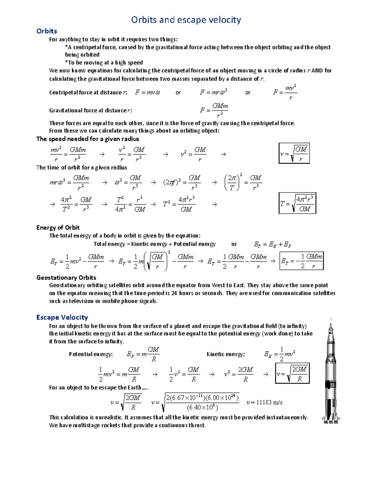 10 - rekgmnkg34 - Orbits and escape velocity Orbits For anything to stay in orbit it requires ...