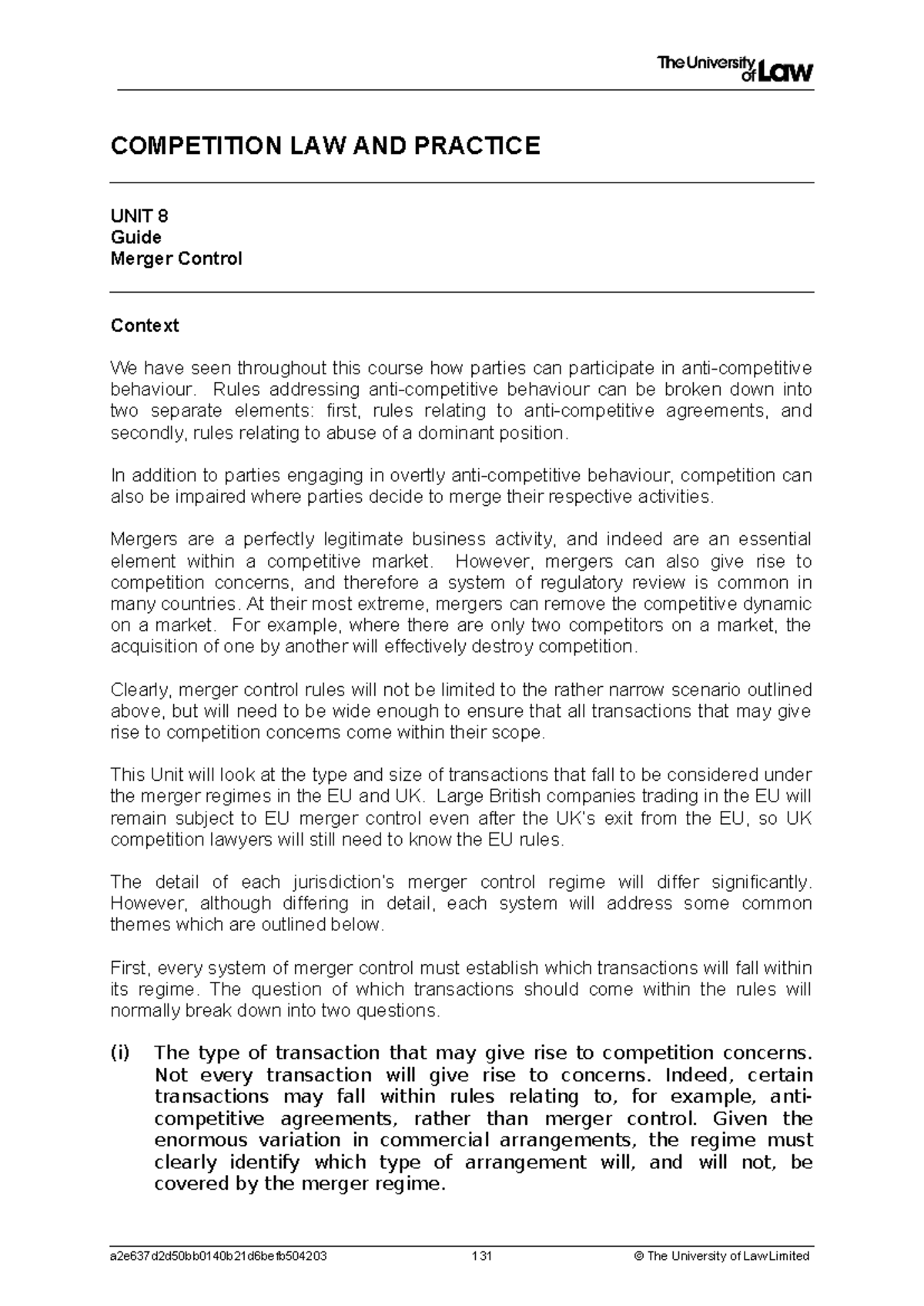 Merger Control Guide - COMPETITION LAW AND PRACTICE UNIT 8 Guide Merger ...