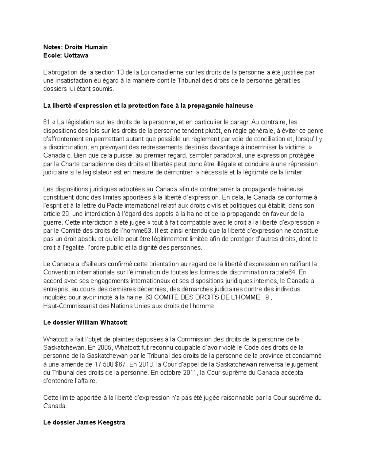 Droits humain 28 - Notes - Notes: Droits Humain Ecole: Uottawa L ...