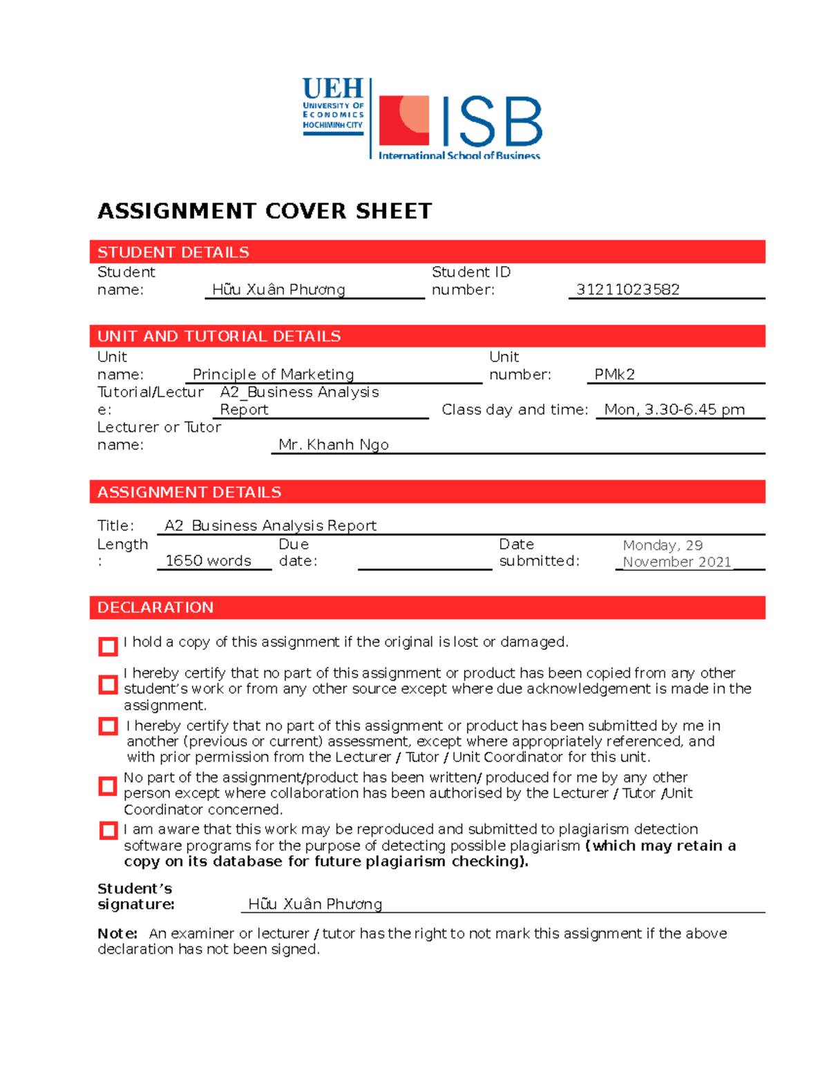 Hữu Xuân Phương - 31211023582 - ASSIGNMENT COVER SHEET STUDENT DETAILS ...