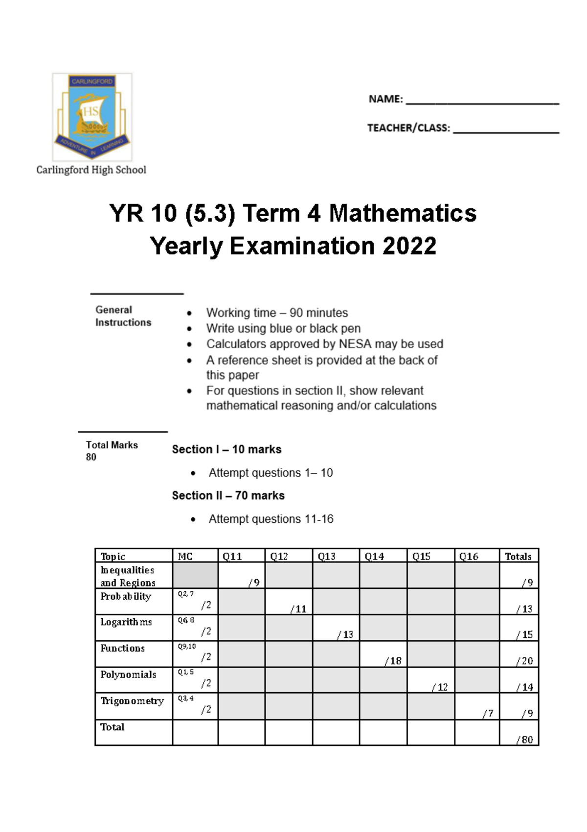 2022 Yearly Y10 5 - past paper - YR 10 ( 5. 3 ) Term 4 Mathematics ...