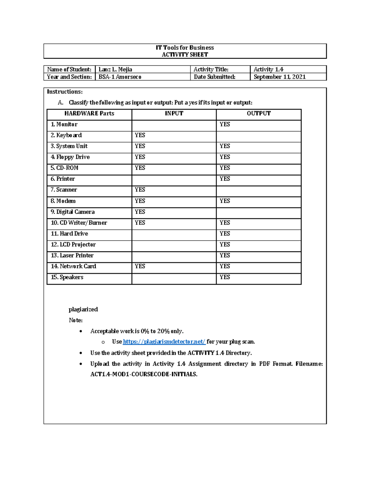 ACT1 - Activity - IT Tools for Business ACTIVITY SHEET Name of Student ...