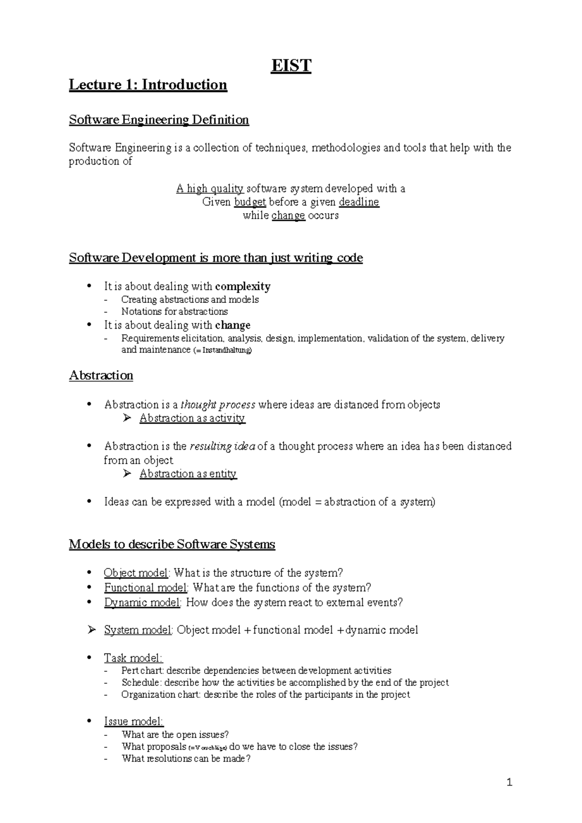 EIST SS16 summary - Zusammenfassung von EIST - EIST Lecture 1: Introduction Software Engineering ...
