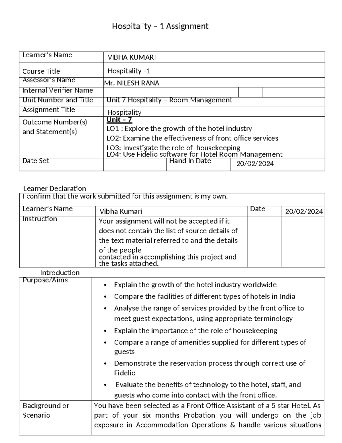 Hospitality-1 Assignments Written - Learner’s Name VIBHA KUMARI Course Title Hospitality - - Studocu