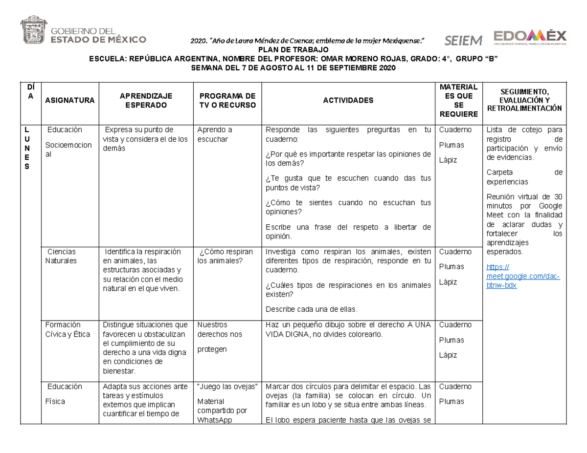Planeación Semana DEL 7 AL 11 DE Septiembre 2020 - PLAN DE TRABAJO ...