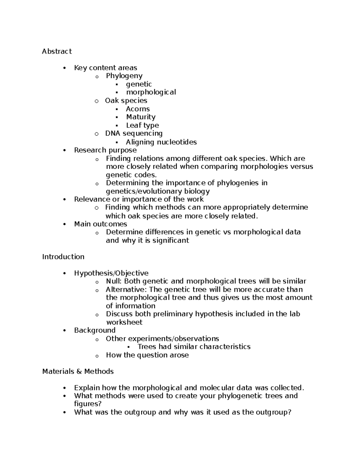 OAK Outline - Abstract Key content areas o Phylogeny genetic ...