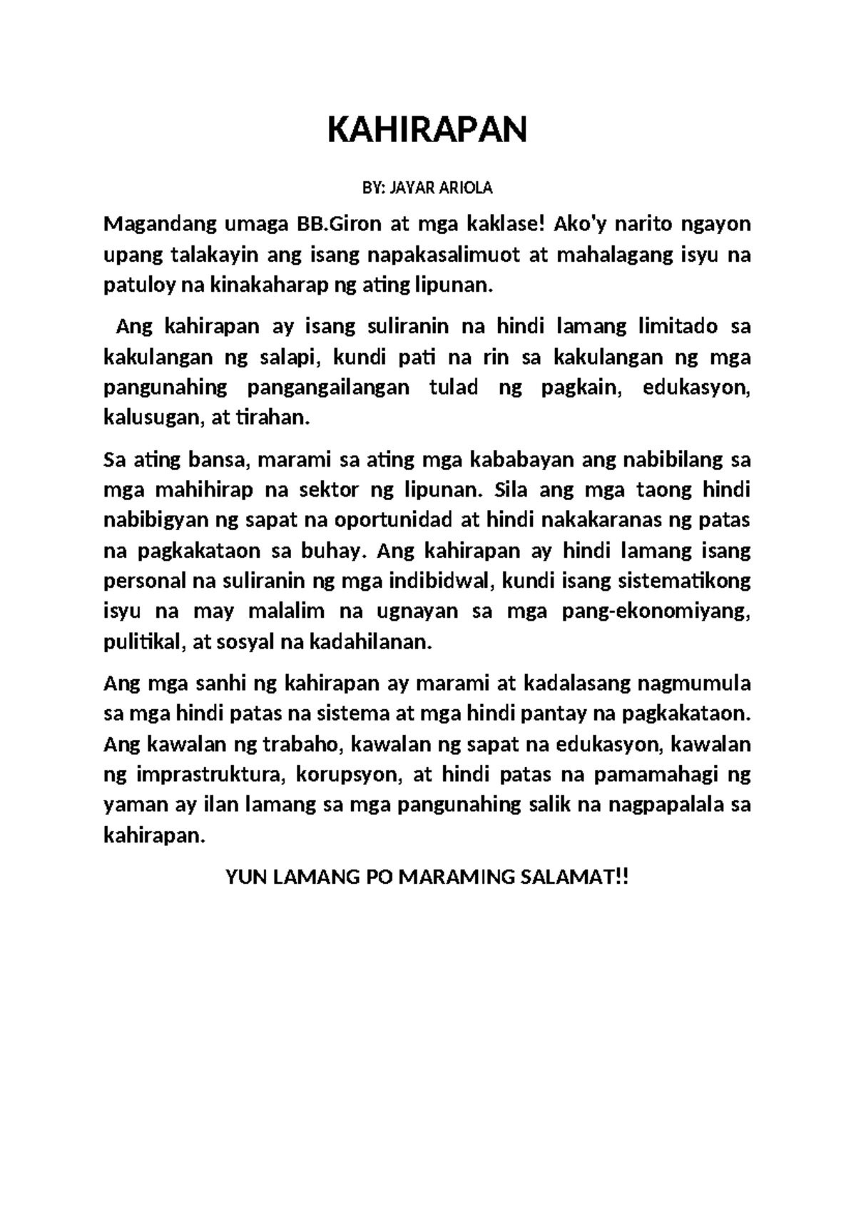 Talumpati'S BY Jayar Ariola GRDE10 - KAHIRAPAN BY: JAYAR ARIOLA ...