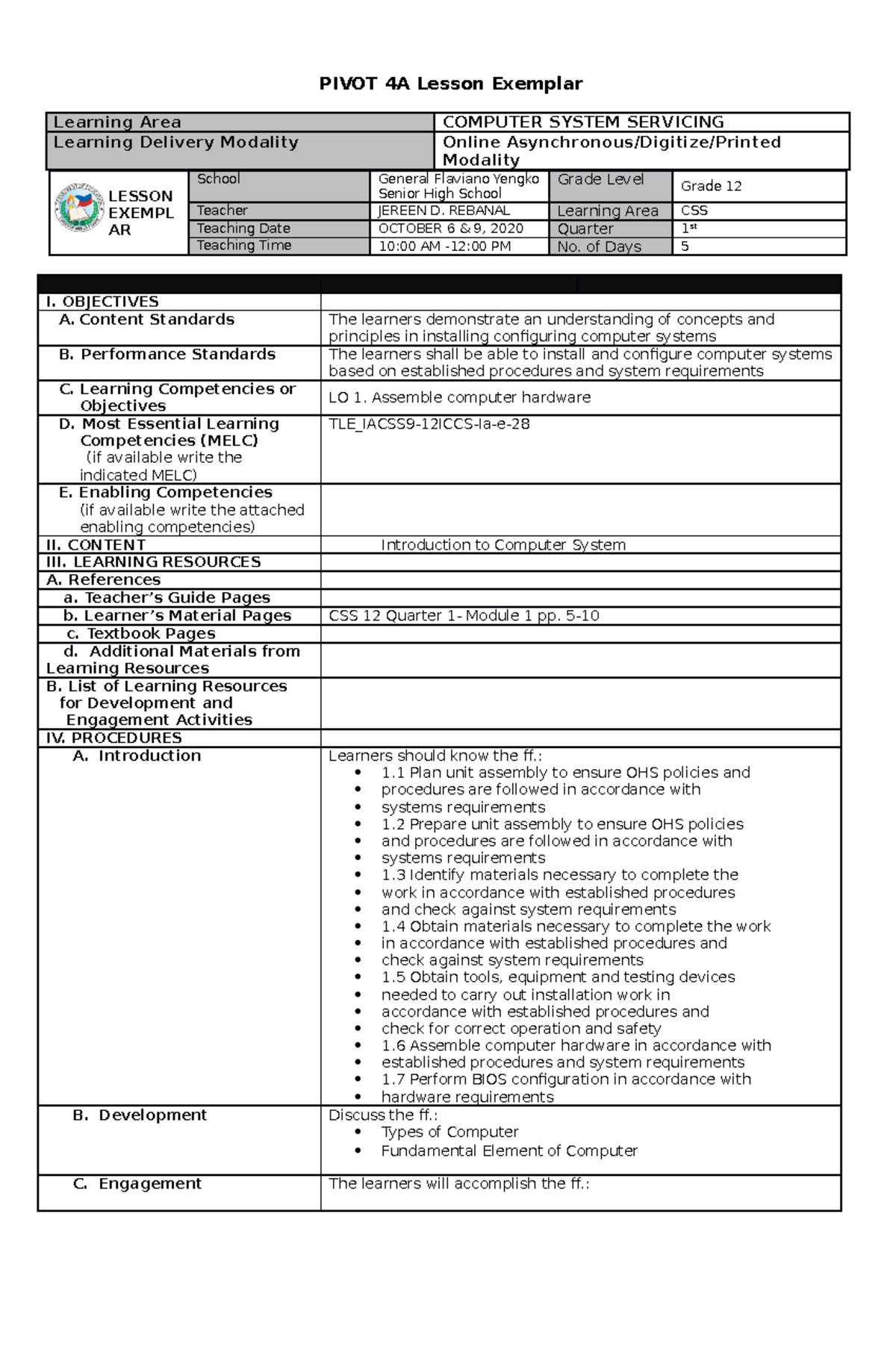 CSS 12 LE WEEK1A - notes - PIVOT 4A Lesson Exemplar Learning Area ...