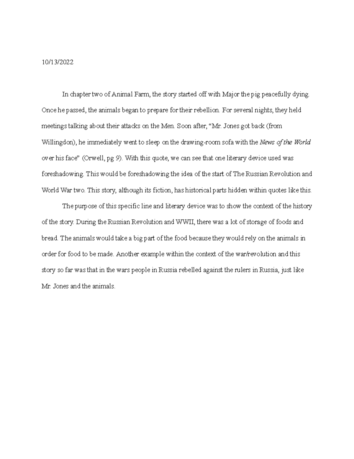 Animal Farm Chs. 1-2 Journal HW - 10/13/ In chapter two of Animal Farm ...