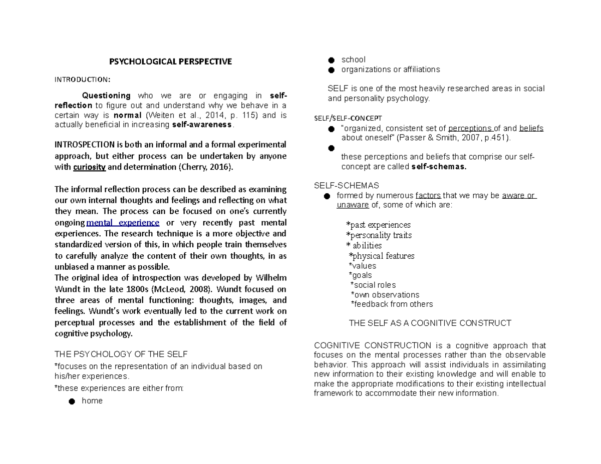 Lecture 3- Psychological Perspective - PSYCHOLOGICAL PERSPECTIVE ...