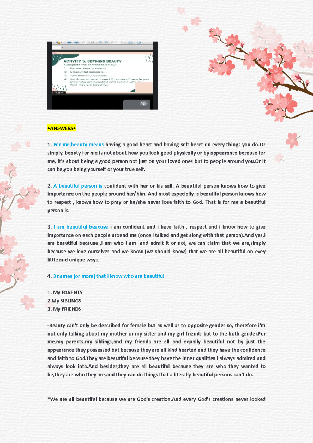 Understanding THE SELF-WPS Office - •ANSWERS• For me,beauty means ...