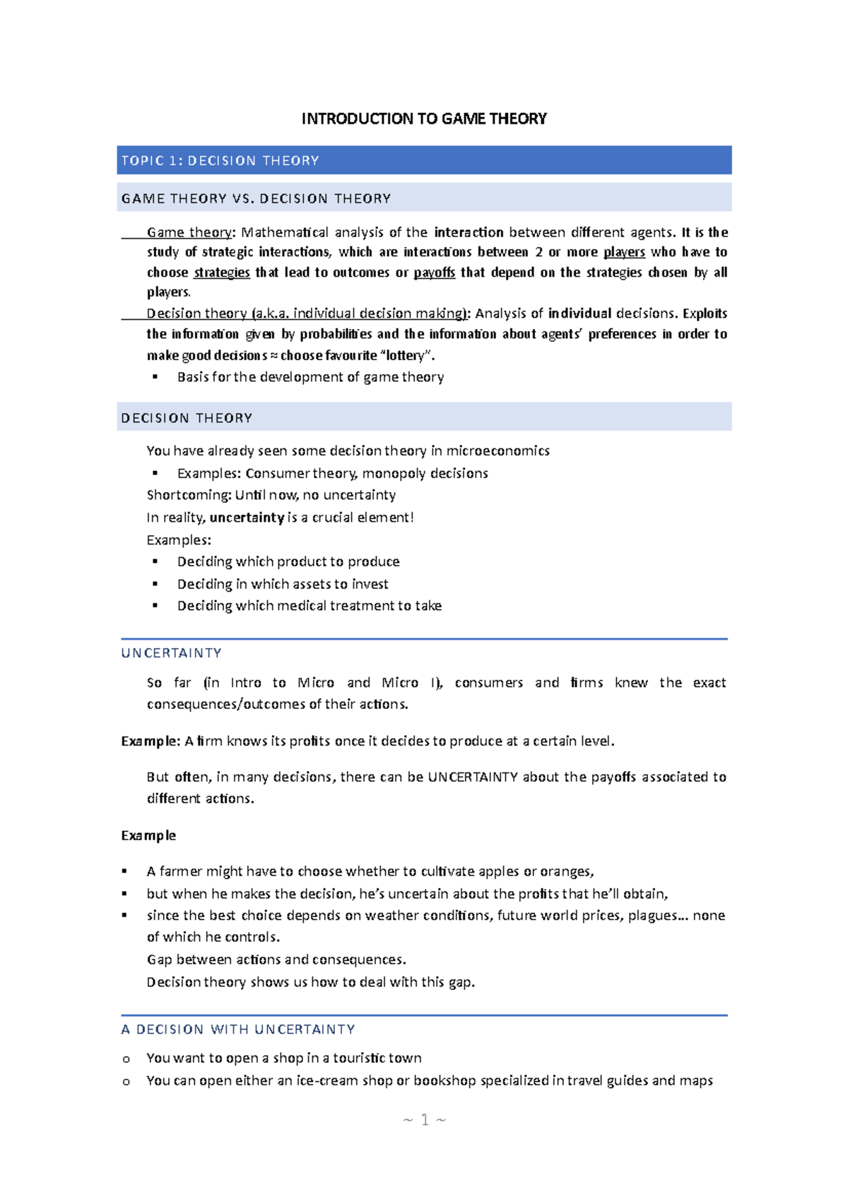 Introduction TO GAME Theory - topic 1 - INTRODUCTION TO GAME THEORY TOPIC 1: DECISION THEORY ...