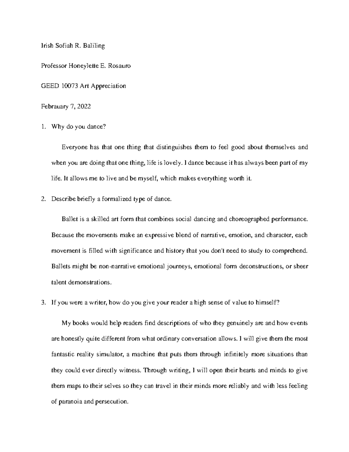 Finals(Baliling) - subject is art appreciation - Irish Sofiah R. Baliling Professor Honeylette E ...