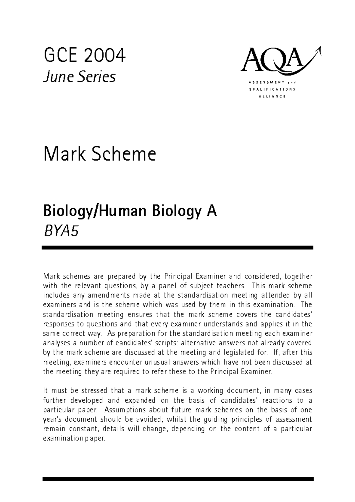 AQA BYA5 W MS JUN04 Exam Paper Mark Scheme For Biology A Level Aqa