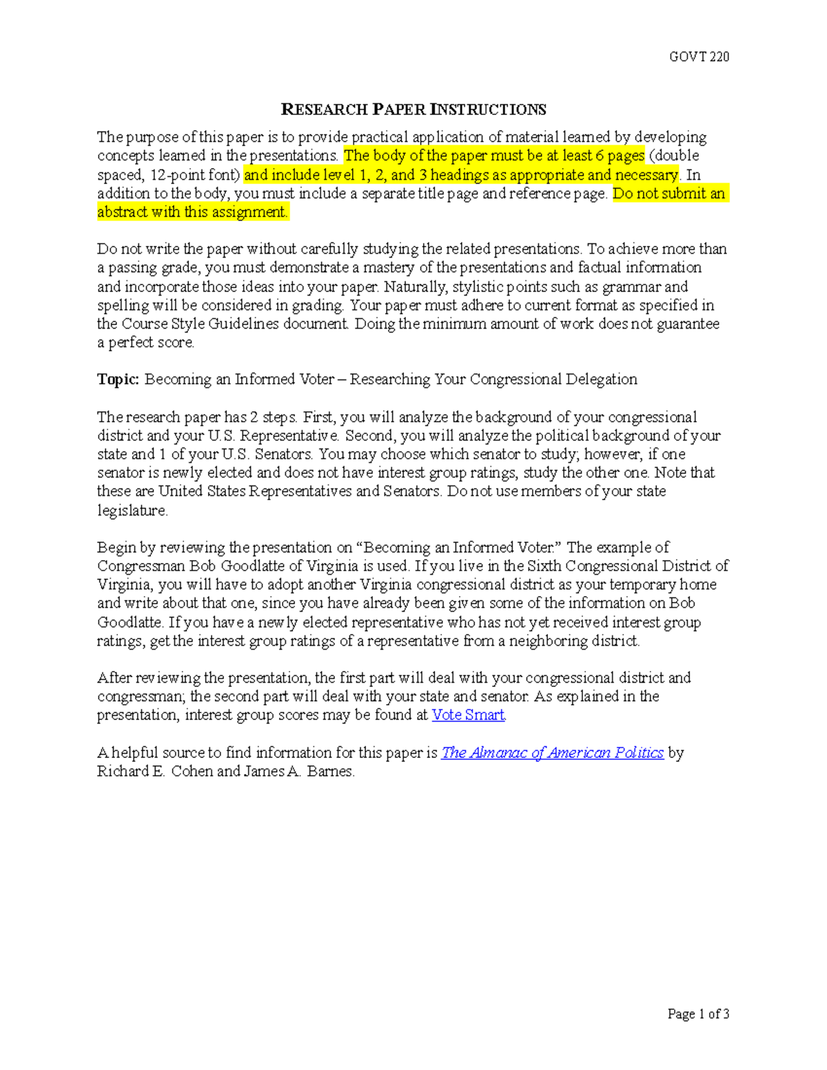 GOVT220 Research Paper Instructions - GOVT 220 RESEARCH PAPER ...