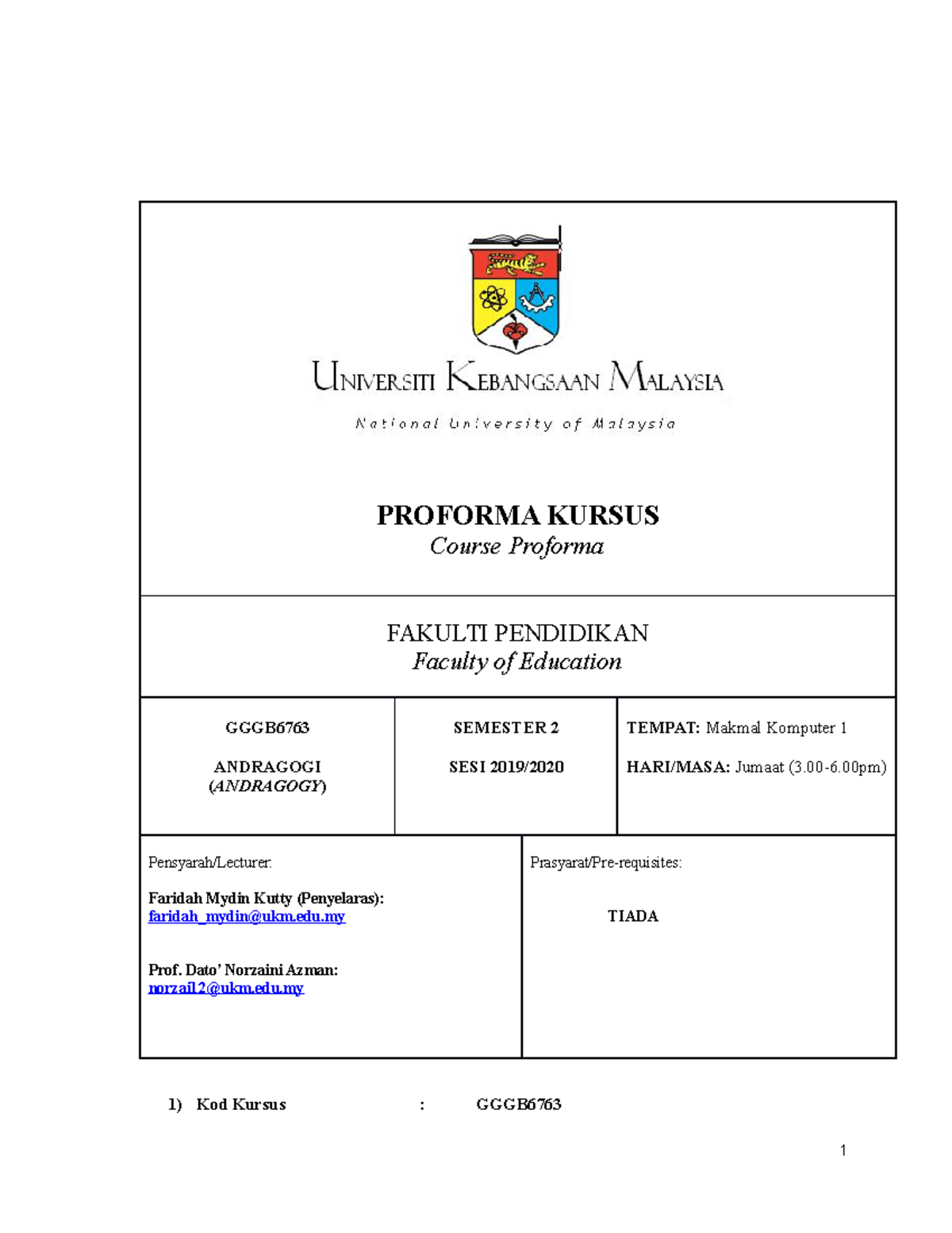 Proforma Andragogi 2020 - PROFORMA KURSUS Course Proforma FAKULTI ...