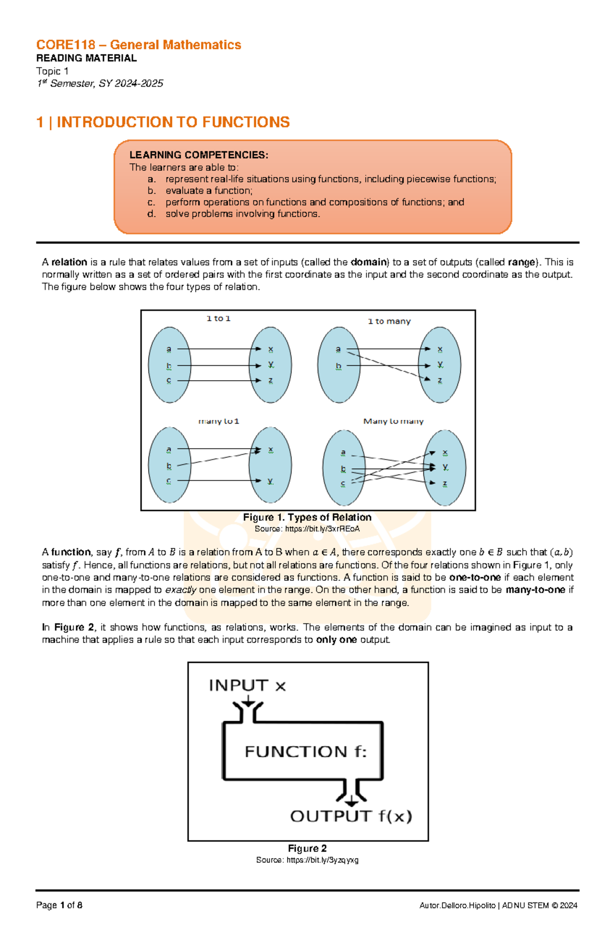 1 Introduction to Functions - READING MATERIAL Topic 1 1 st Semester ...