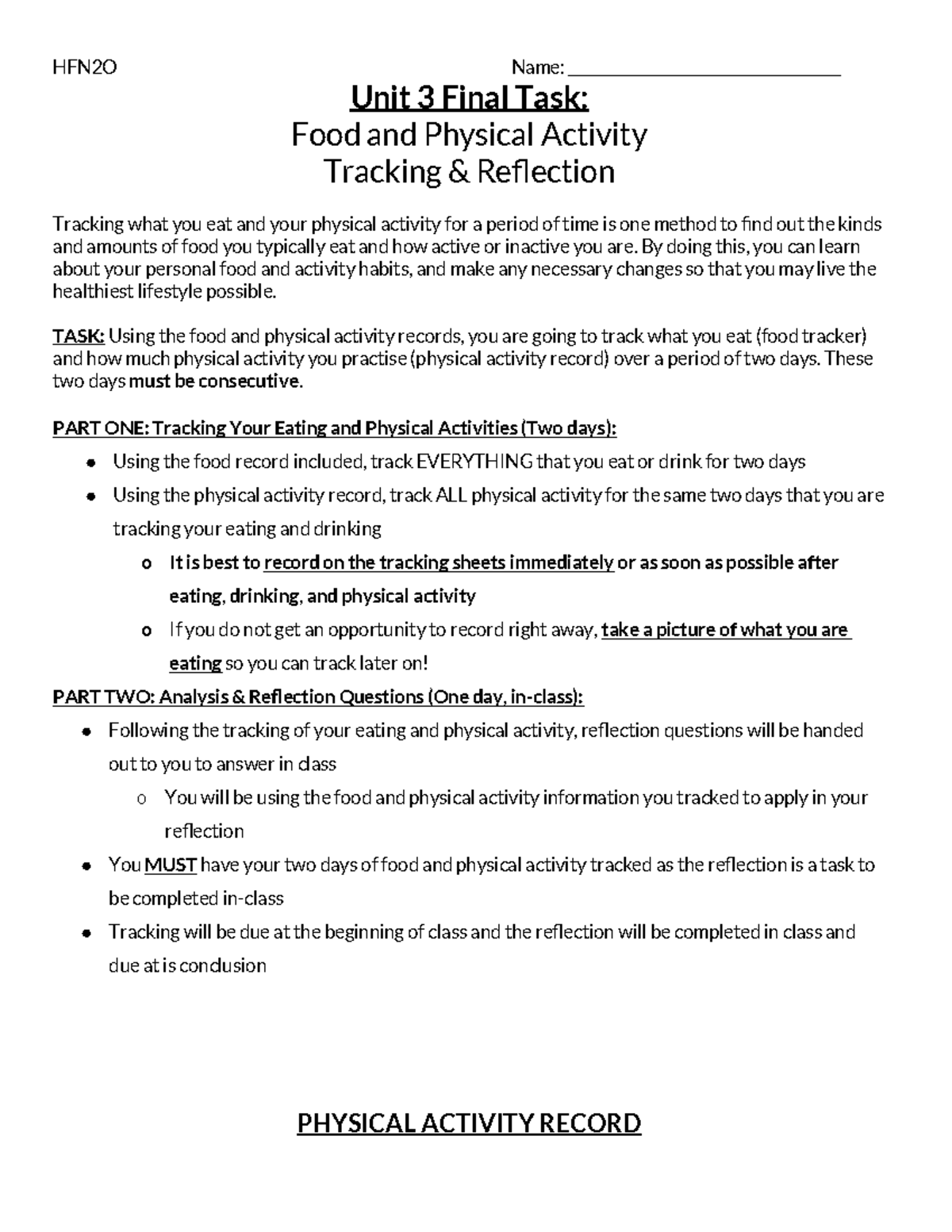 Copy of Unit 3 Final Task - Unit 3 Final Task: Food and Physical Activity Tracking & Reflection ...