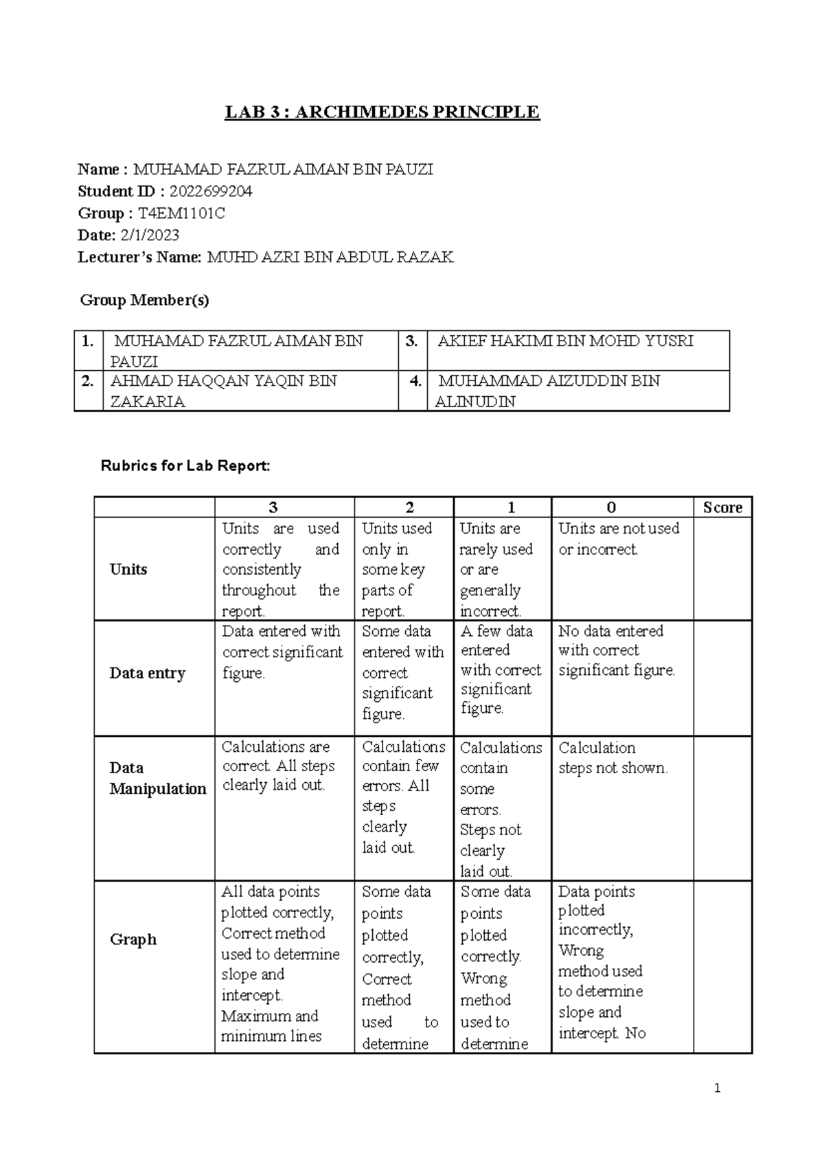 PHY130 LAB Report Experiment ( Archimedes Principle) - LAB 3 ...
