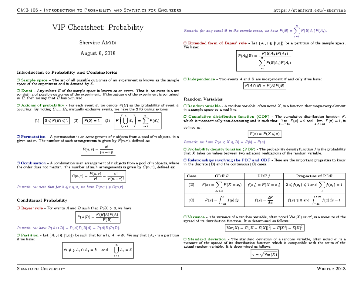 Cheatsheet-probability - CME 106 – Introduction to Probability and Statistics for Engineers ...