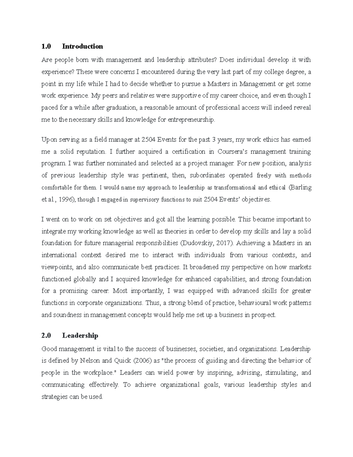 Leadership style (Reflection) - 1 Introduction Are people born with ...
