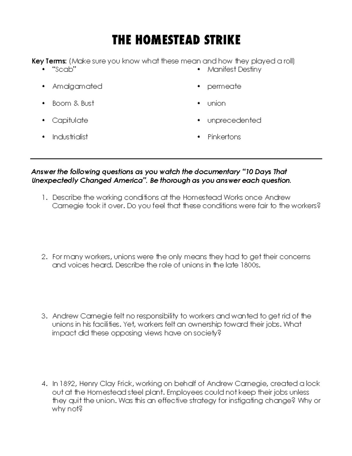Homestead Strike Video Guide - THE HOMESTEAD STRIKE Key Terms: (Make ...