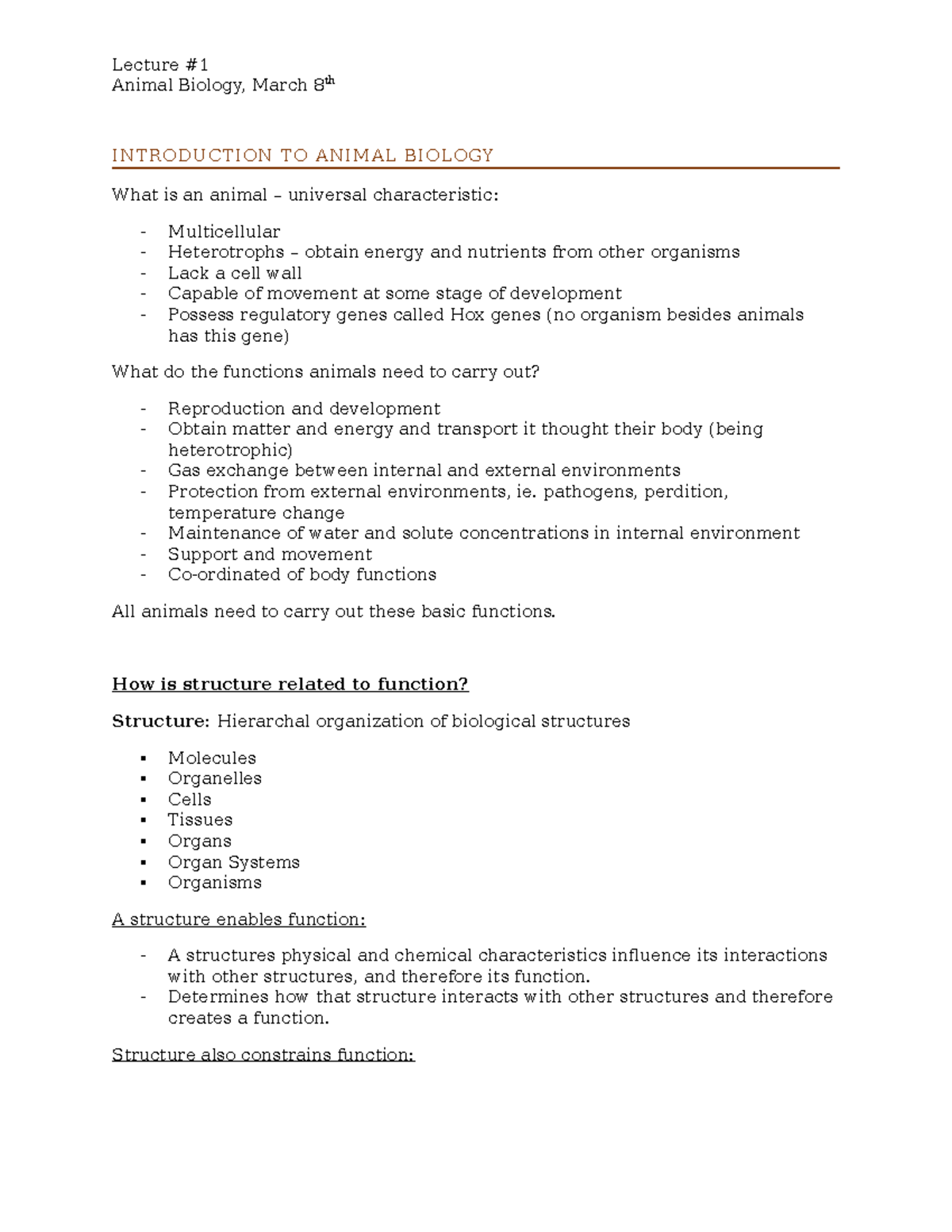 INTRODUCTION TO ANIMAL BIOLOGY - Lecture #1 Animal Biology, March 8th ...