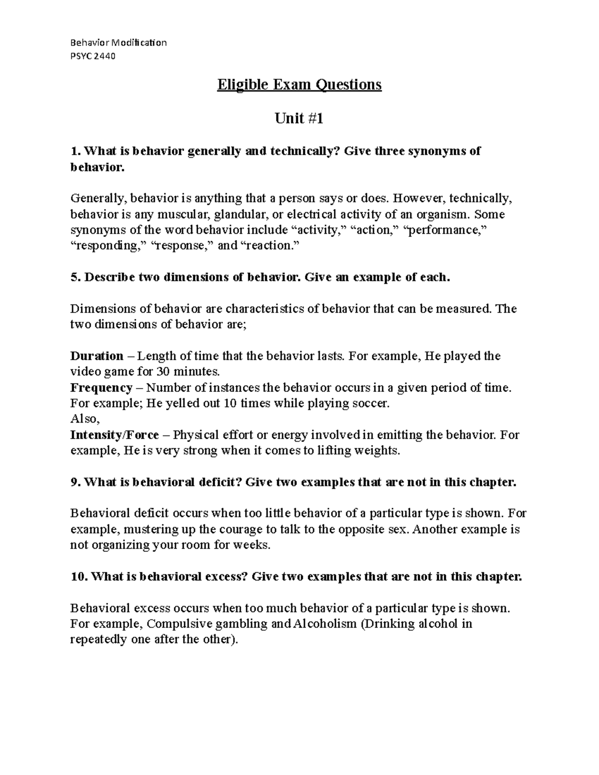 Unit 1 exam questions - Lecture notes Unit 1 - Behavior Modification ...